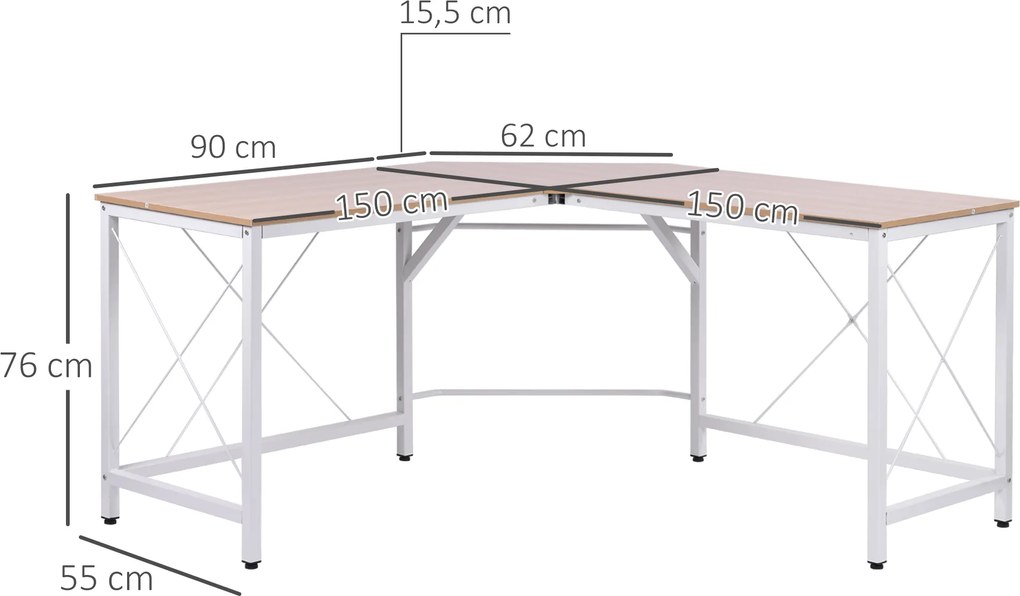 HOMCOM Psací stůl do tvaru písmene L Rohový psací stůl 150x150x76cm Rohový psací stůl z MDF v přírodní barvě pro domácí kancelář a pracovnu | Aosom.de
