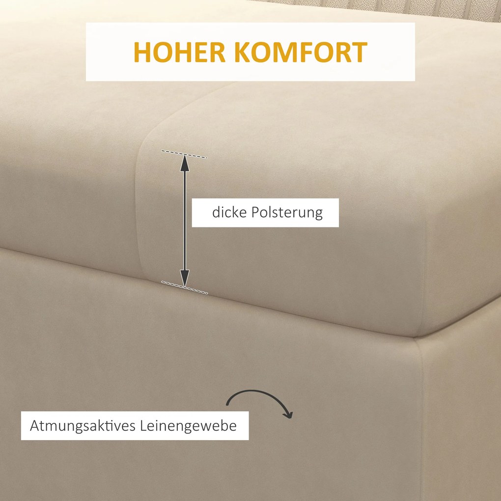 HOMCOM Lavice s úložným prostorem Čalouněná lavice s výklopným víkem v béžovém sametovém vzhledu Lavice s ocelovými nohami 110x44x49 cm do předsíně o…