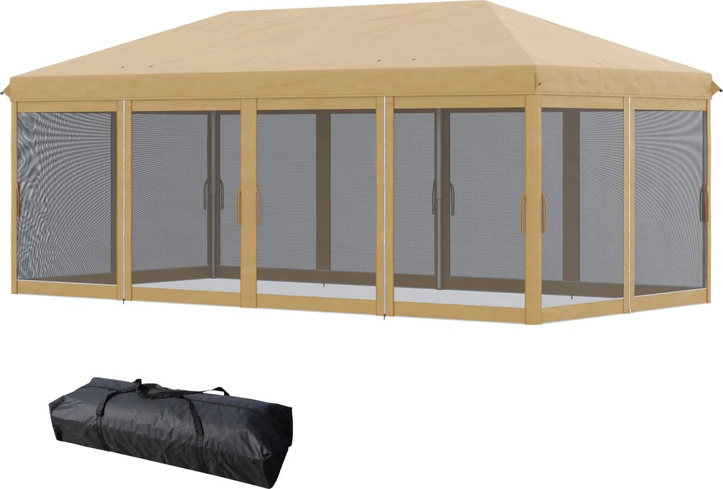 Skládací pop-up altán Outsunny 6x3 m se 6 bočními stěnami síťoviny, UV ochrana a taška na přenášení pro kempování | Aosom