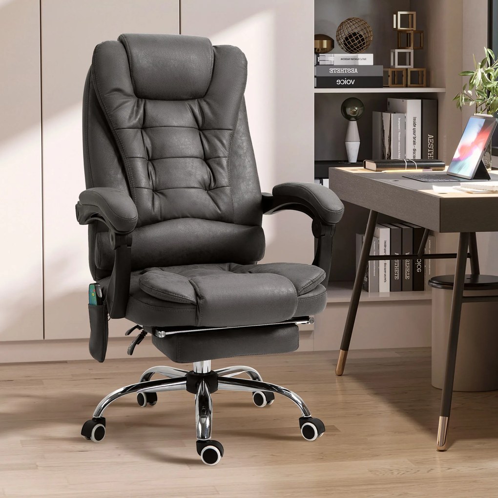 Kancelářská židle Vinsetto s masážní a vyhřívací funkcí, ergonomická, 6 masážních bodů, podnožka, dálkové ovládání, polyester, 65 x 160 x 104 cm, šedá