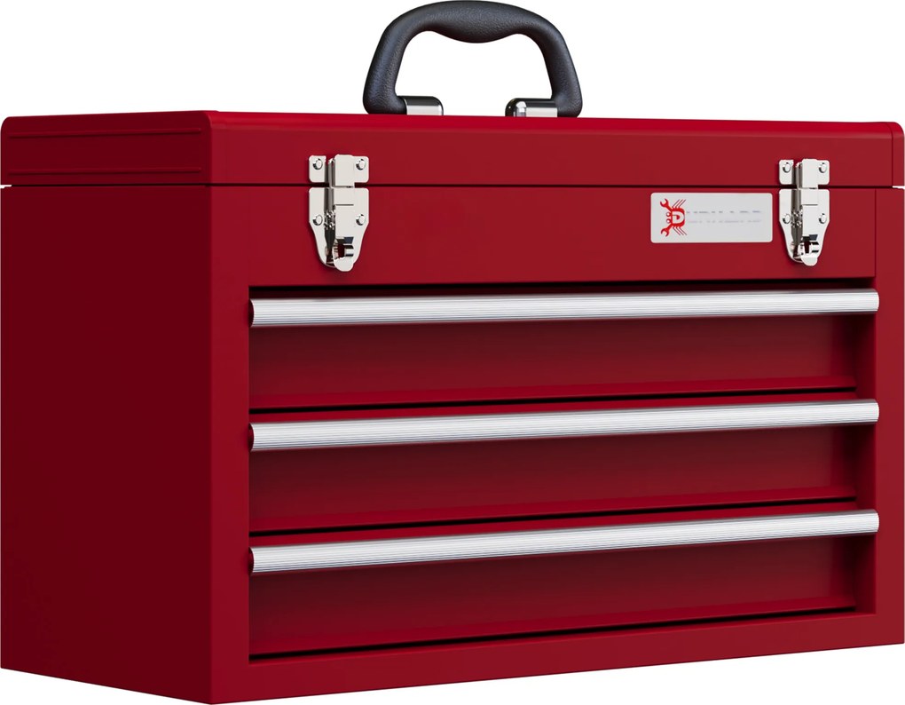 DURHAND box na nářadí prázdný 51x22x32cm se 3 zásuvkami a horní přihrádkou, rukojetí a zámkem, robustní ocelový box na nářadí v červené barvě | Aosom…