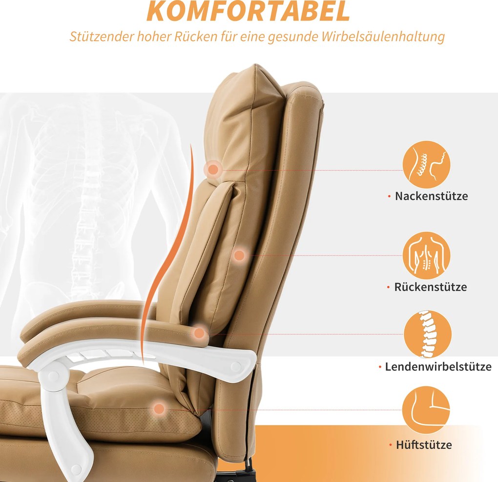 HOMCOM Kancelářská židle Ergonomická židle u stolu s bederní opěrkou, opěrkou nohou Světle hnědá