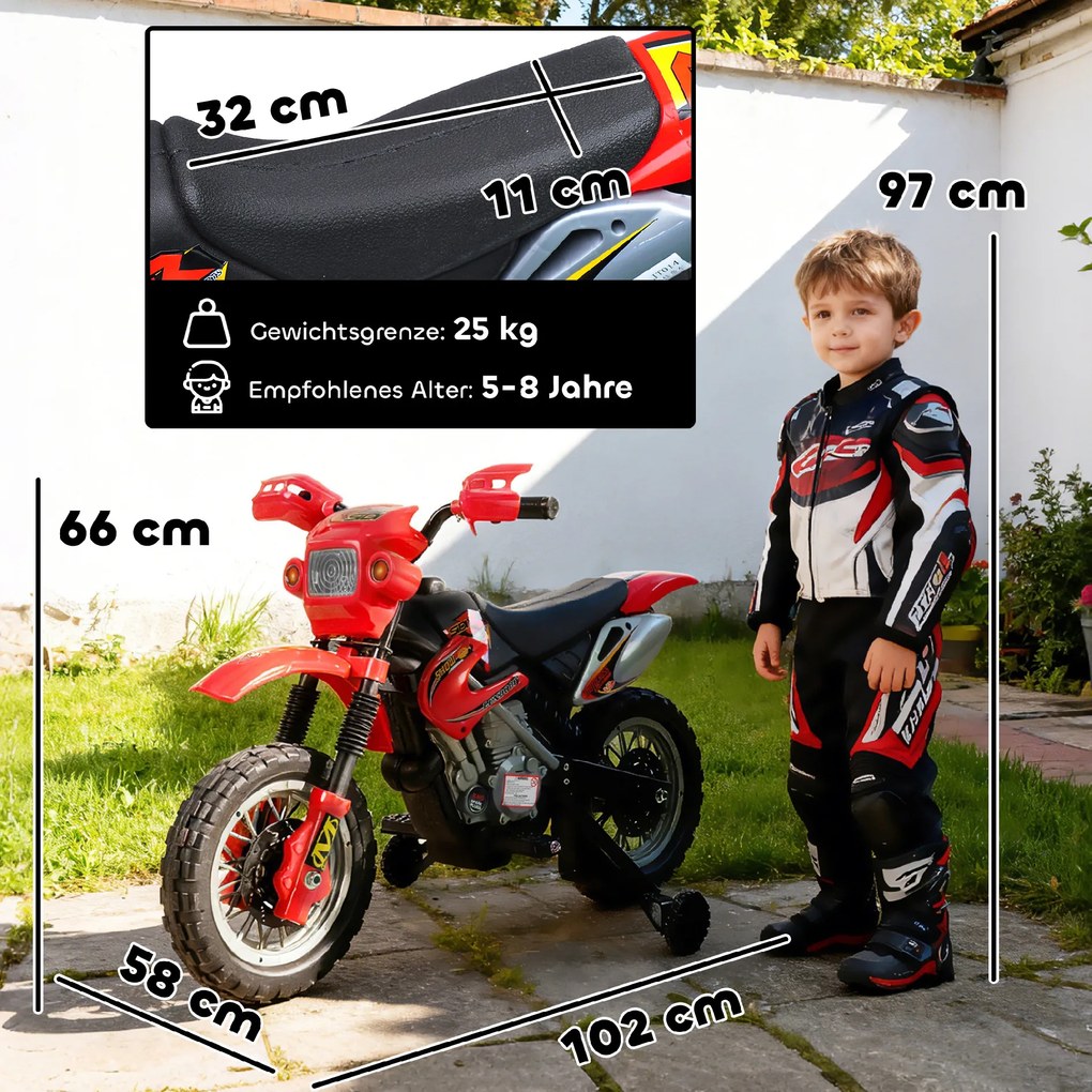 HOMCOM Dobíjecí elektrická motorka pro děti 6V od 3 let s nabíječkou a podpůrnými koly 102x53x66 cm Červená