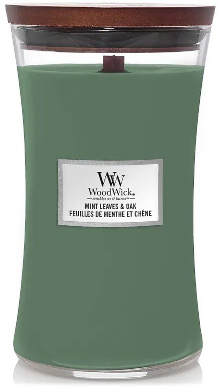 WoodWick – svíčka Mint Leaves & Oak (Mátové lístky a dub) Velikost: střední 275 g