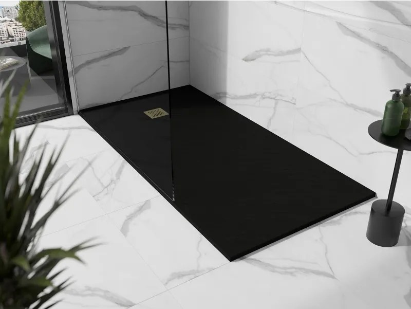 Mexen Stone+, obdélníková vanička z minerálního kompozitu 180 x 100 cm, černá, zlatá lesklá krytka, 44701018-G