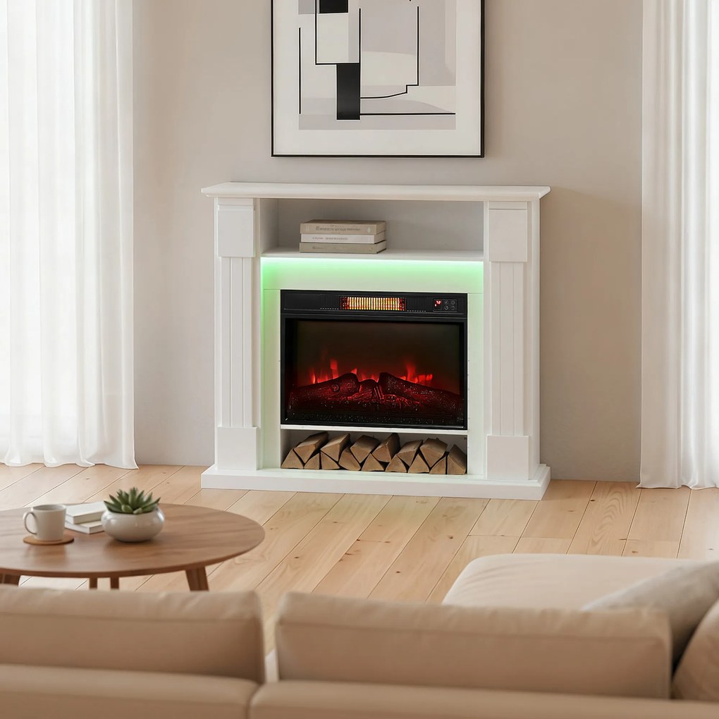 HOMCOM Elektrický krb s LED světly, realistický efekt plamenů, 1800W, krbový říms, 2 dálkové ovladače, sklo, bílá