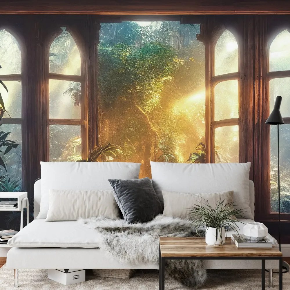 Fototapeta A Large Arch-Shaped Window, A Portal In The Dark Mystical Forest, The Sun&amp;#039;s Rays Pass Through The Window And Trees, Shadows. Fantasy Beautiful Forest Fantasy Landscape. 3D . Omyvatelný vlies 450x300