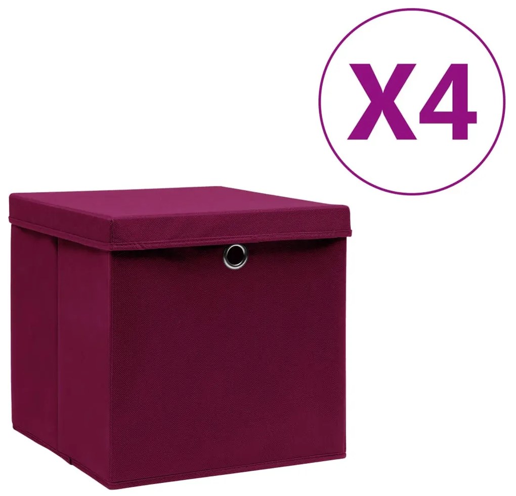 Úložné boxy s víky 4 ks 28 x 28 x 28 cm tmavě červené 325200