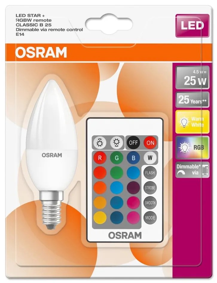 Osram | LED RGBW Stmívatelná žárovka STAR E14/4,5W/230V 2700K + DO – Osram | P225239