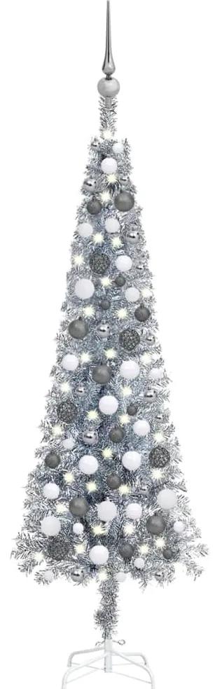 3078131 vidaXL Úzký vánoční stromek s LED diodami a sadou koulí stříbrný 120cm
