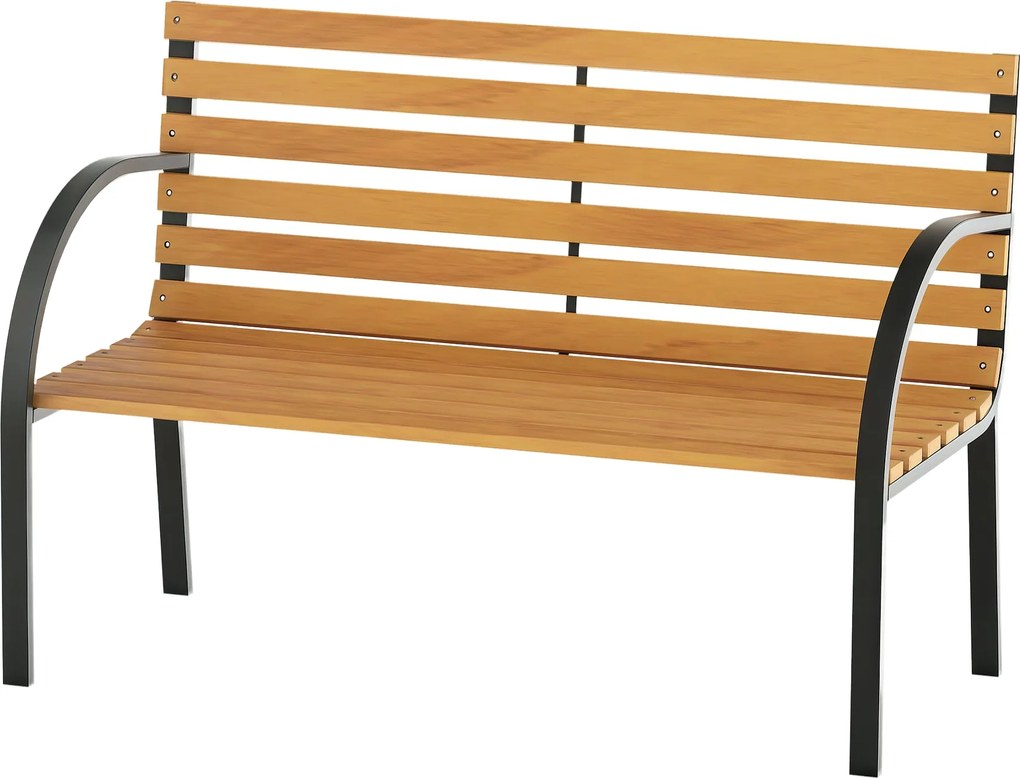 Outsunny Dvoumístná Dřevěná Zahradní Lavice 122x60x83 cm s Opěradlem a Područky, Dřevěné latě a Ocelový Rám, Nosnost 220 kg, Přírodní a Černá Barva |