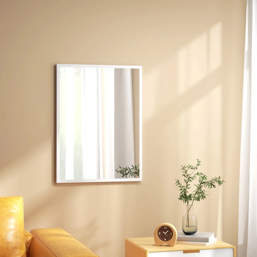 HOMCOM Obdélníkové Zrcadlo na Zeď 60 x 80 cm, MDF Rám, ideální do koupelny, obývacího pokoje nebo ložnice, bílá