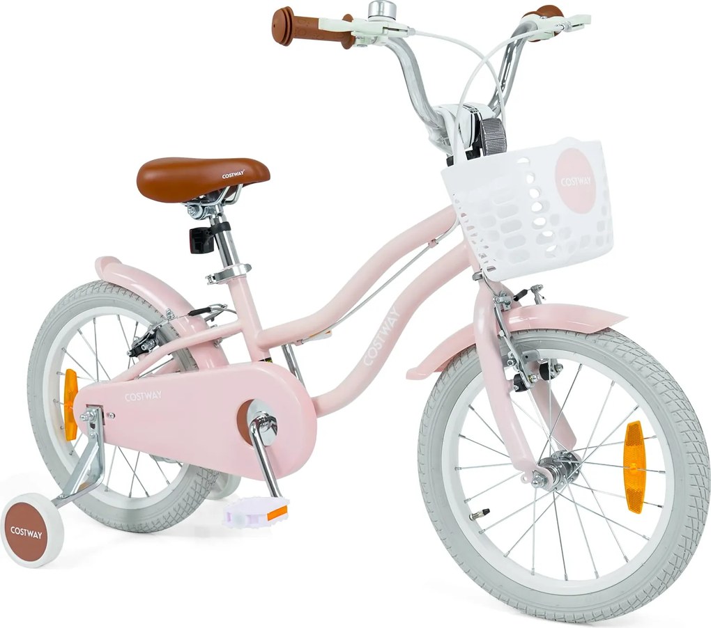 Costway 16 Inch dětské kolo s tréninkovými kolečky a košíkem Dětské – růžový