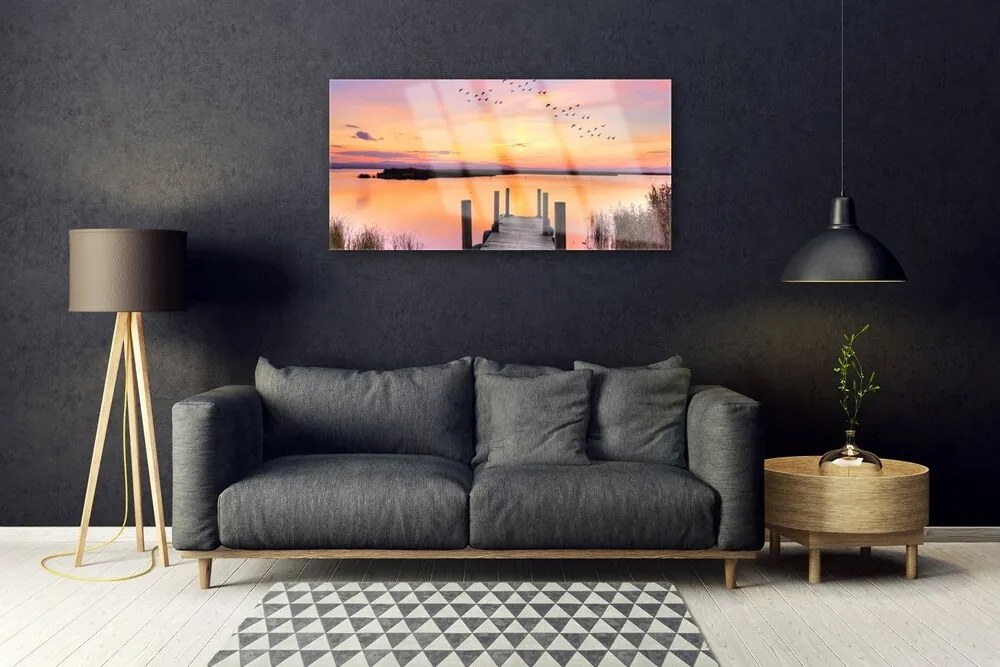 Obraz na skle Molo Západ Slunce Jezero 100x50 cm