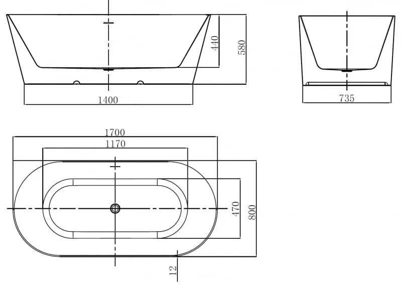 Mexen Oval Slim, volně stojící vana ke stěně 170 x 80 cm, bílá lesklá, grafitový přepad, 52661708000-95