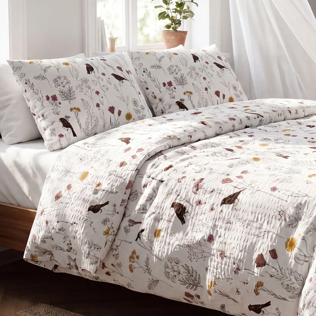 Krepové povlečení Ptáčci v kvítí - bílé Velikost: 140 x 200 + 70 x 90