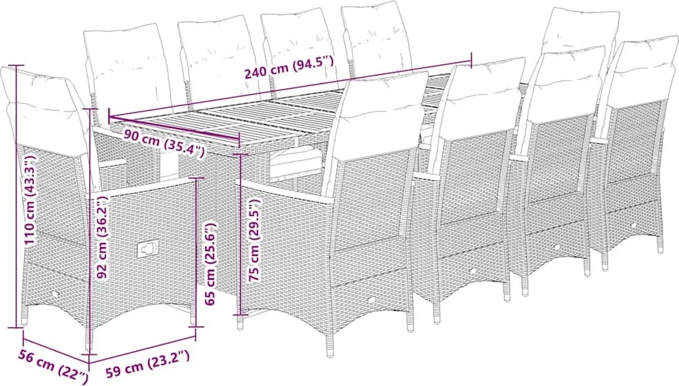 11dílný zahradní bistro set s poduškami černý polyratan 3277268