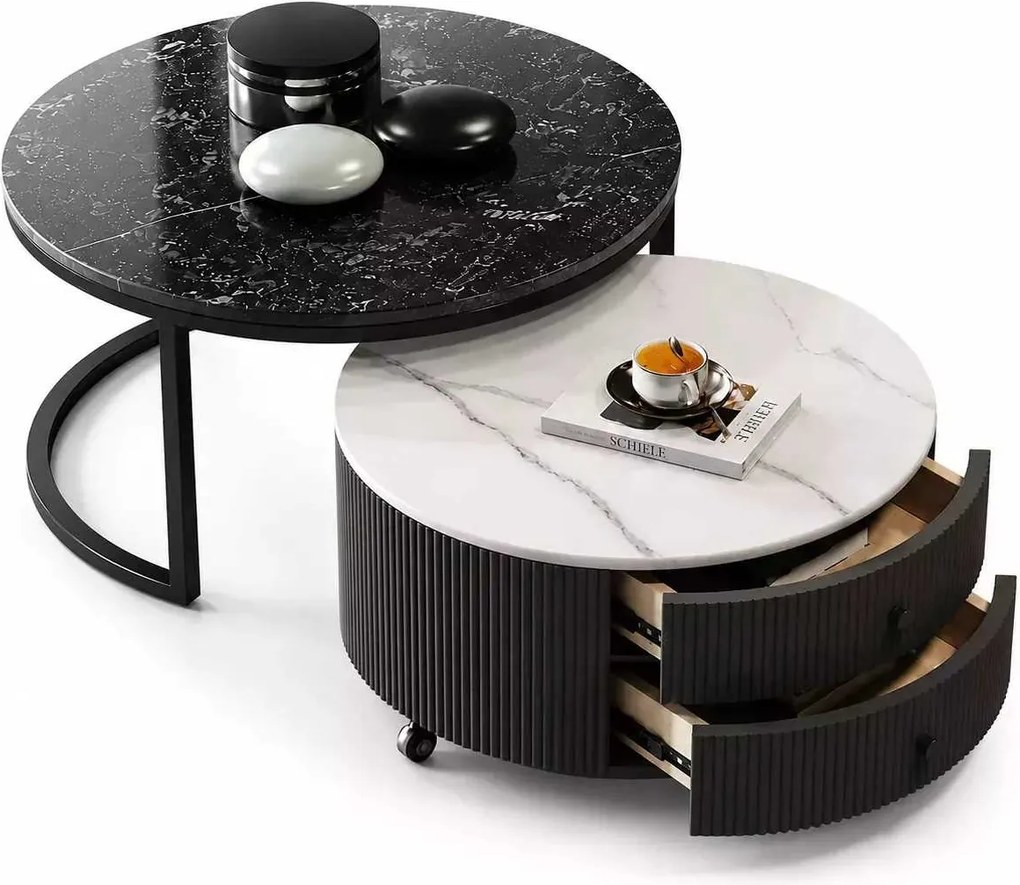 LuxuryForm DESIGN Konferenční stolek ROYAL 80 / 60 cm – mramorový dekor černý/bílý (set 2 ks)