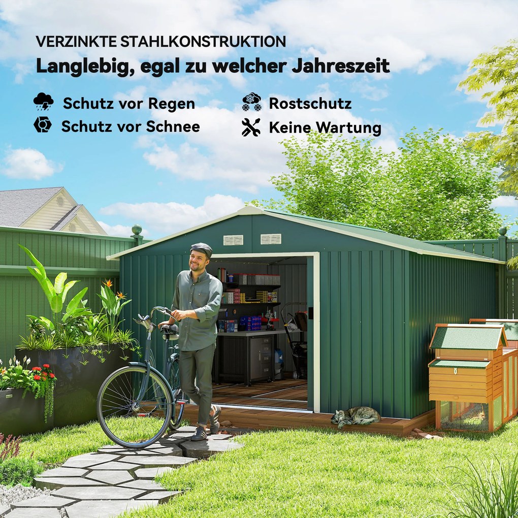 Kovová zahradní kůlna Outsunny 12,4 m², s šikmou střechou, posuvnými dveřmi a základem, 386 x 340 x 200 cm, odolná vůči počasí, pro zahradu, tmavě ze…