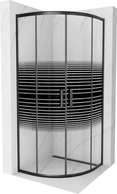 Mexen Rio, čtvrtkruhový sprchový kout s posuvnými dveřmi 70 (dveře) x 70 (dveře) x 190 cm, 5mm čiré sklo s pásky, černý profil, 863-070-070-70-20