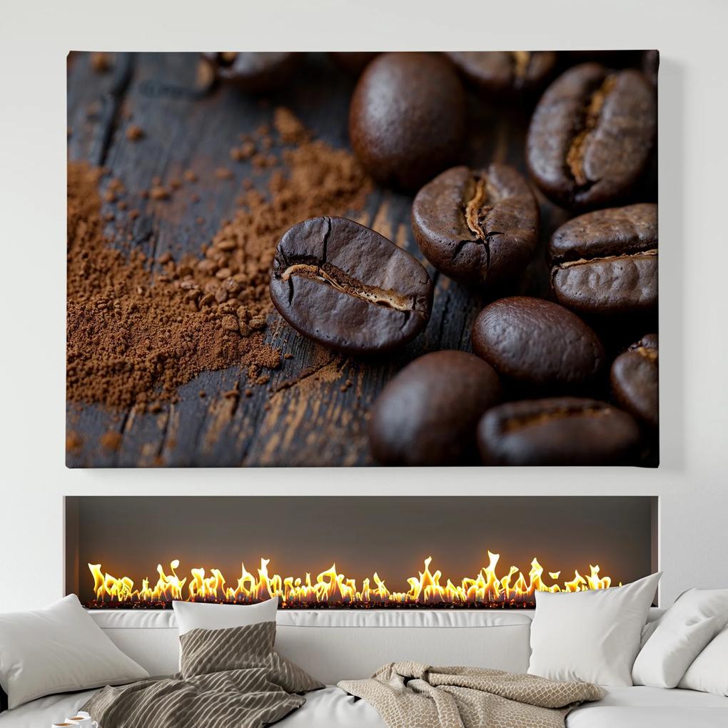 Obraz na plátně - Káva, velká zrnka a prášek FeelHappy.cz Velikost obrazu: 120 x 80 cm