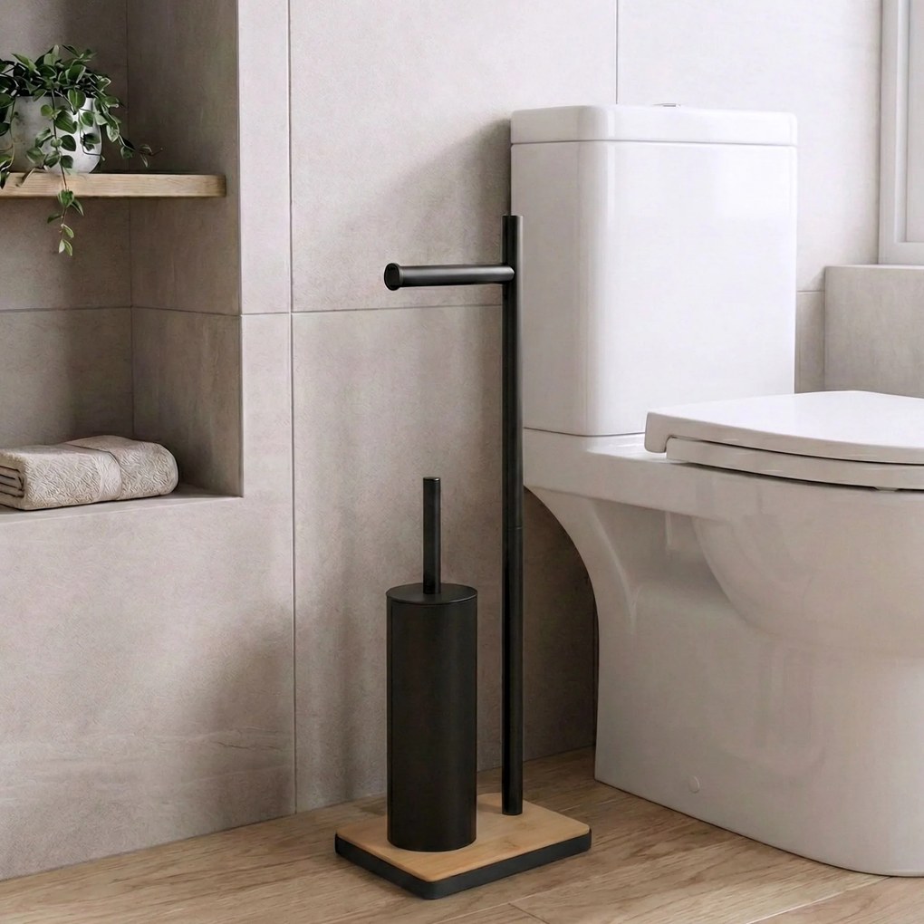WC štětka s držákem na toaletní papír a bambusovou podložkou IVLO, 65 cm – černá