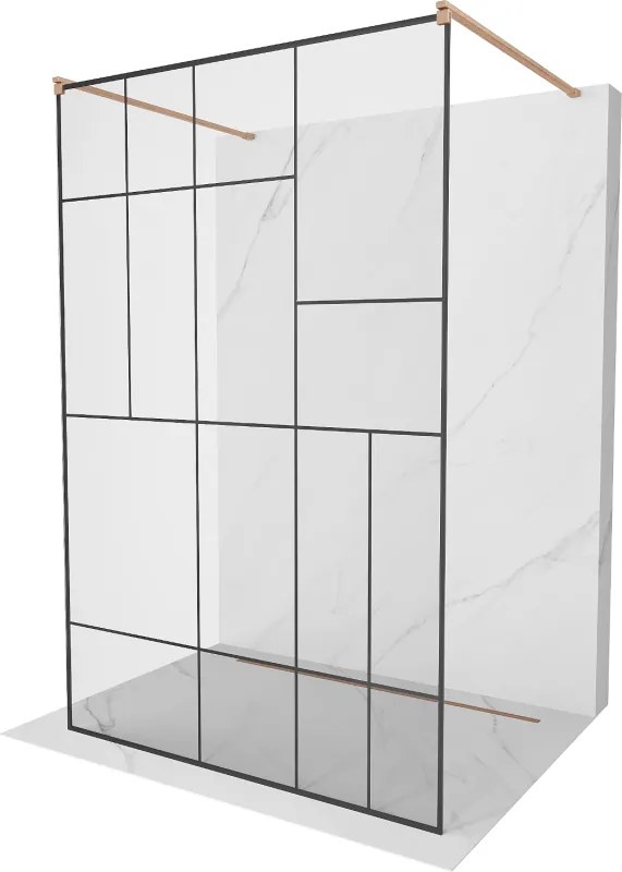 Mexen Kioto, sprchová zástěna Walk-In 110 x 200 cm, 8mm sklo černý vzor, měděný matný profil, 800-110-002-65-78