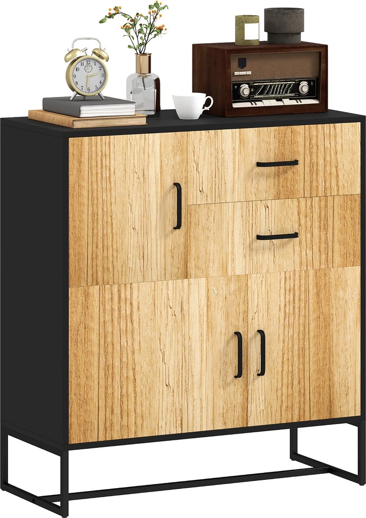 HOMCOM Moderní komoda se 3 skříněmi a 2 zásuvkami, víceúčelová komoda z dřevotřísky a oceli, 80x35x85 cm, Černá a dřevěná barva | Aosom