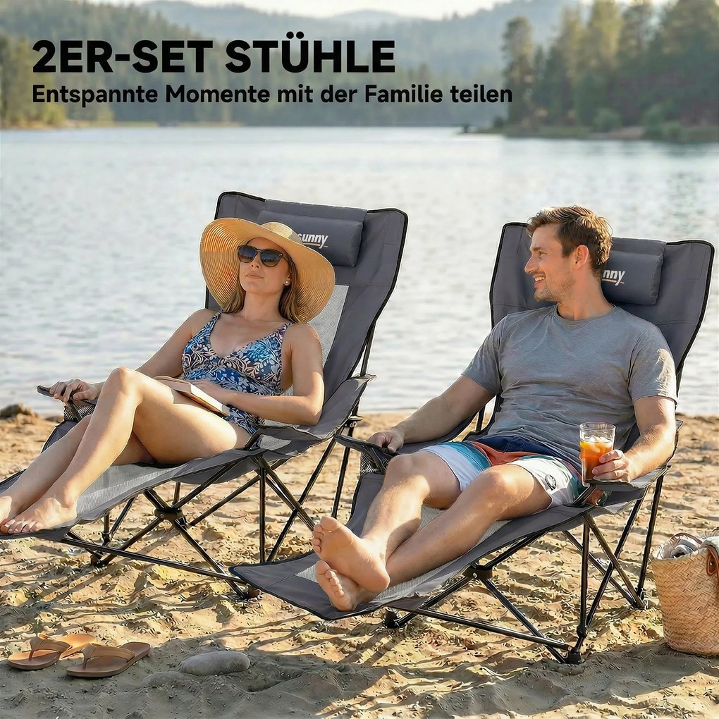 Outsunny sada 2 skládacích kempingových židlí – nastavitelná opěrka zad, opěrka nohou, držák na nápoj a opěrka hlavy, zahradní a plážové, nosnost 120…