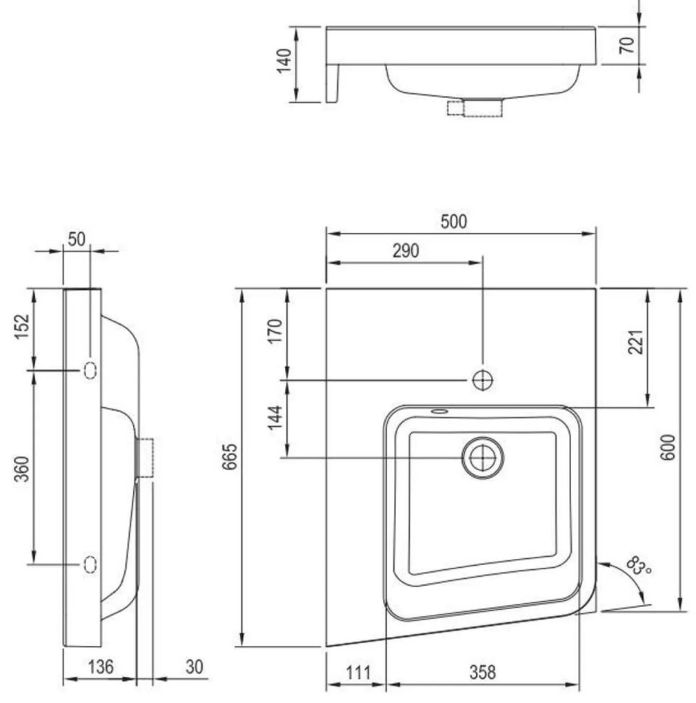 Ravak BeHappy II - Rohové umyvadlo 55x67 cm, s 1 otvorem pro baterii, levé, bílá XJAL1100001