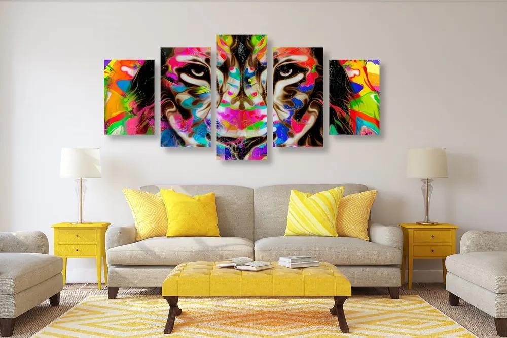 5-dílný obraz barevná hlava lva - 200x100 cm