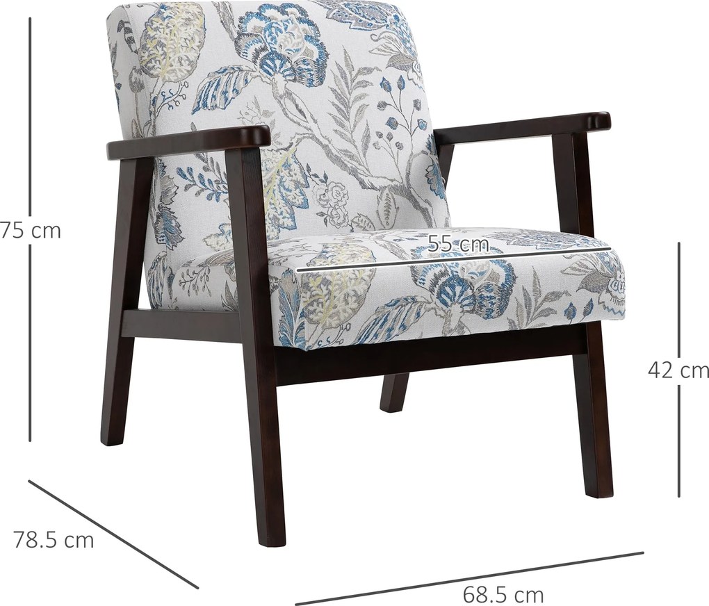 HOMCOM Křeslo s čalouněnými dřevěnými opěrkami a prodyšnou tkaninou pro domov a kancelář, Květinový motiv, 68,5x78,5x75cm