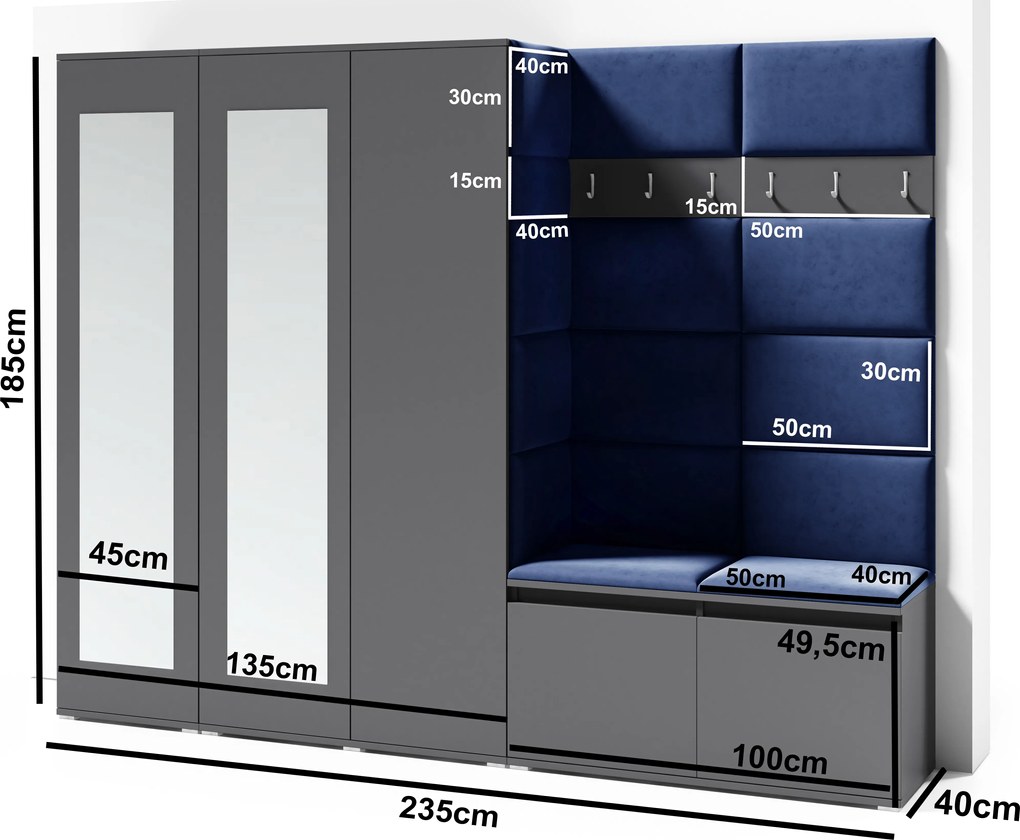 Eka Předsíňová stěna s čalouněnými panely Trinity 15 - Bílá / Světlá modrá 2322
