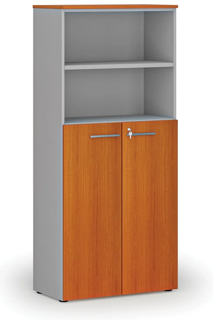 Kombinovaná kancelářská skříň PRIMO GRAY, dveře na 3 patra, 800 x 420 x 1781 mm, šedá/třešeň