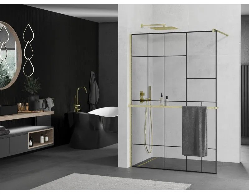 Mexen Kioto+, sprchová zástěna Walk-In s poličkou a věšákem 90 x 200 cm, 8mm čiré sklo černý vzor, zlatý matný profil, 800-090-121-55-78