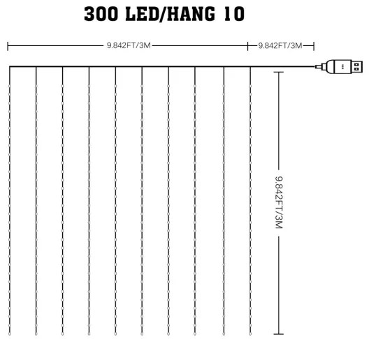 LED RGB Stmívatelný vánoční závěs WIZARD 300xLED/USB 3x3m + dálkové ovládání