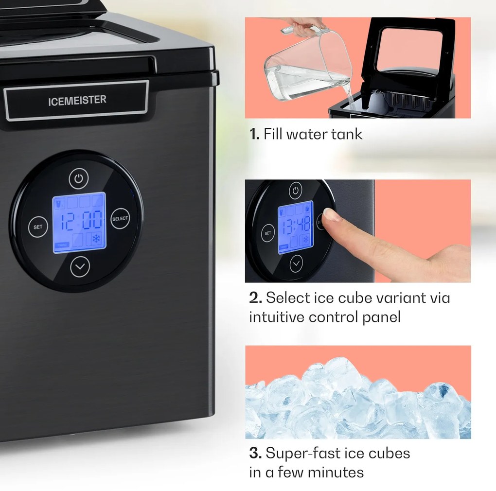 Klarstein Icemeister 2G, výrobník ledu, 12 kg/24 h, LCD displej, nerezová ocel