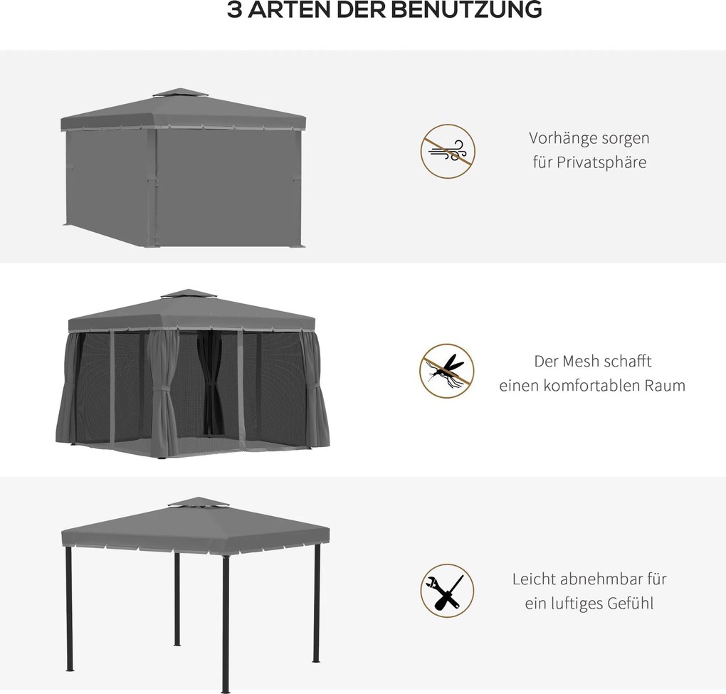 Zahradní pavilon Outsunny, 2,96 x 2,96 m, s dvojitou střechou, 4 boční panely moskytiéra, párty stan hliníkový polyester