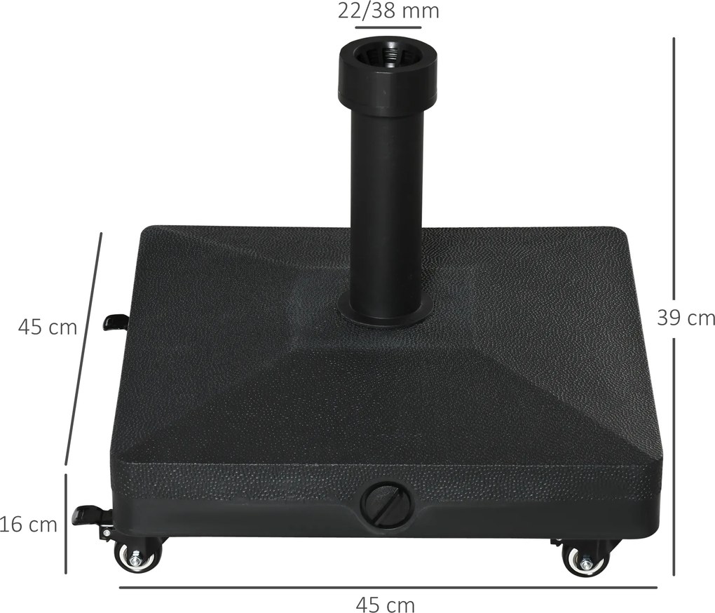 Stojan na slunečník Outsunny s válečkem, naplnitelný až do 20 kg, pro tyče slunečníku 38/48 mm, ideální pro zahradu terasu balkon, černý 45x45 cm |