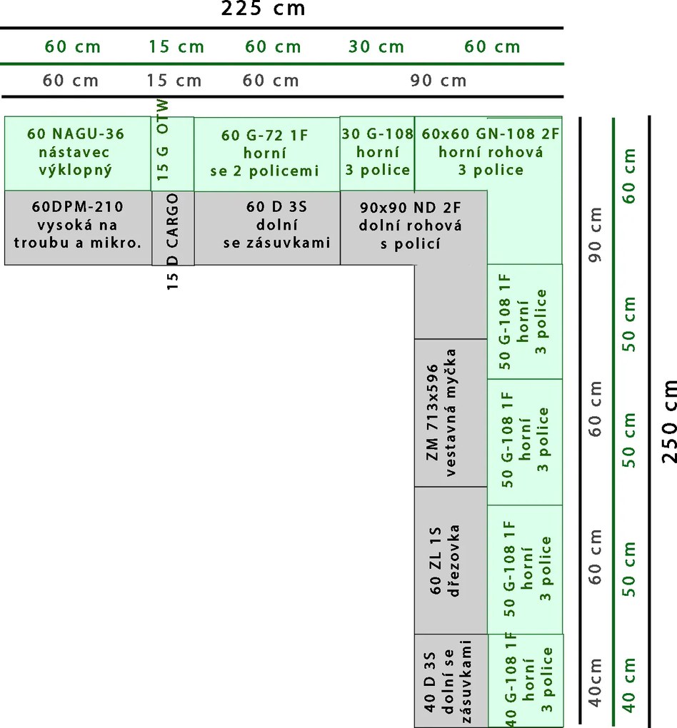 Kuchyňská linka LARA wh | ve tvaru L | 225x250 cm | zásuvky PREMIUM BOX | bílá lesk