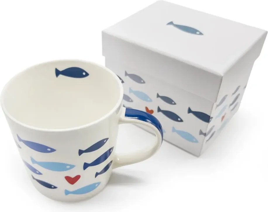 Porcelánový hrnek Hejno, 400 ml – minimalistický motiv ryb, dárek pro milovníky moře