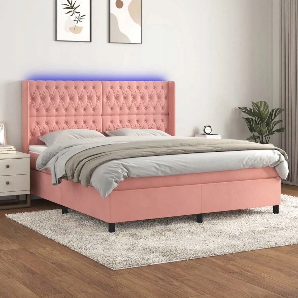 Box Spring Postel S Matrací A Led Samet Růžová Prošívaný design 180 x 200
