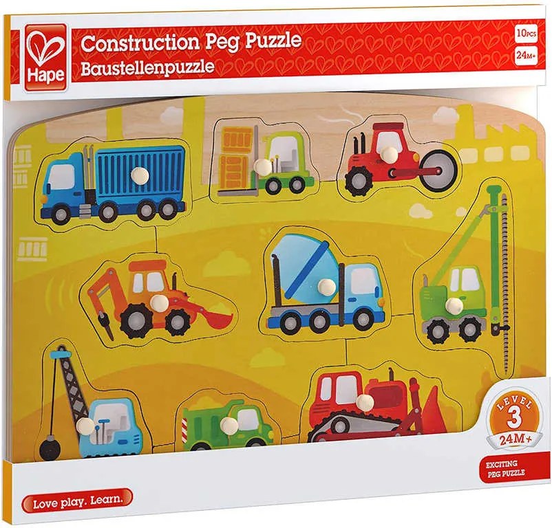 HAPE DŘEVO Puzzle na desce Stavaři auta 9 dílků s úchyty skládačka e1407
