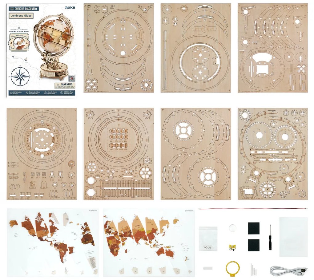 RoboTime 3D dřevěná mechanická skládačka Svítící glóbus