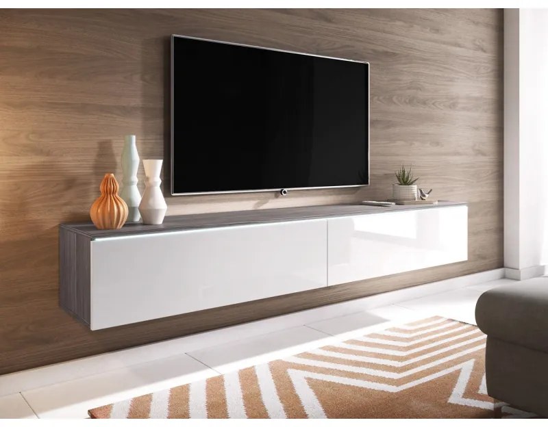 TV stolek Dlone 180, Barva: Beton + Bílý lesk, Osvětlení: osvětlení LED - bílé