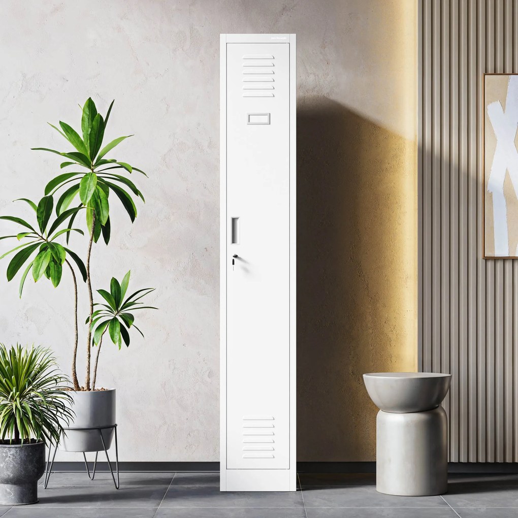 Úzká jednokomorová šatní skříňka pro zaměstnance, bílá, 300x1800x500 mm: KACPER II Plus
