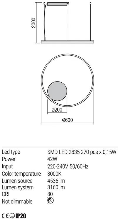 Redo Závěsné LED svítidlo ORBIT ø 60 cm, 3000K Barva: Černá, Stmívání, řízení: DALI