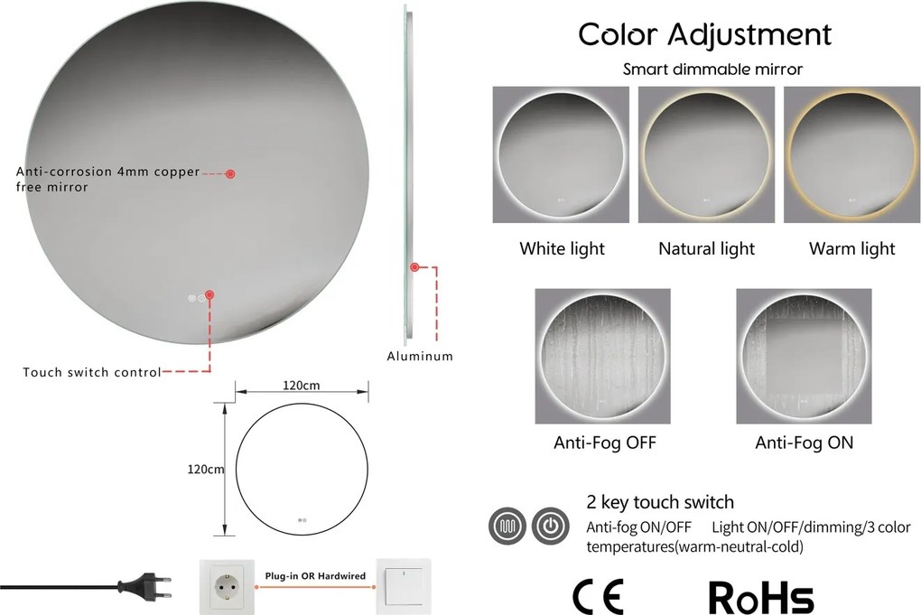 Erga Sofia, kulaté LED zrcadlo 120cm, 2760 lm, 3 barvy světla, ERG-V01-207-1212