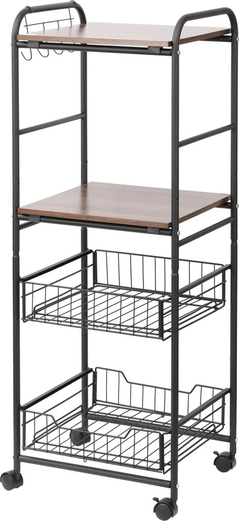 HOMCOM Kuchyňský vozík s kolečky, 2 regály, 2 odnímatelné košíky a 4 háčky pro jídelnu a koupelnu 40x38x111 cm Ořechová a černá | Aosom