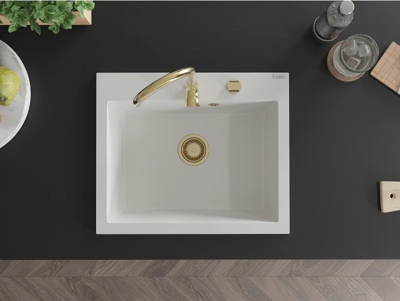 Mexen Elix granitový dřez 1-komorový 600 x 500 mm, bílý, zlatý sifon - 6525601005-20-G